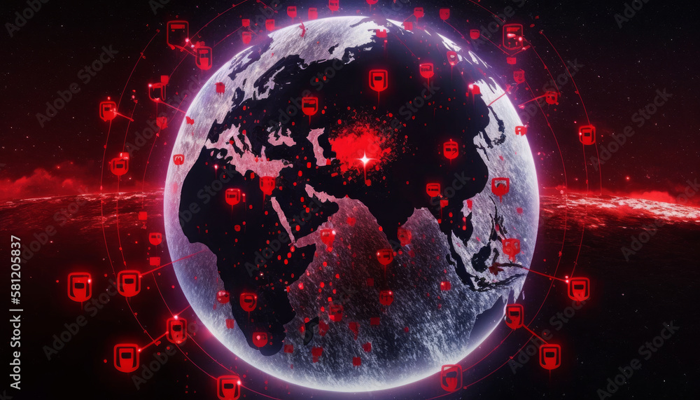 globe cyber attack with red icons showing internet network communication under cyberattack and ...