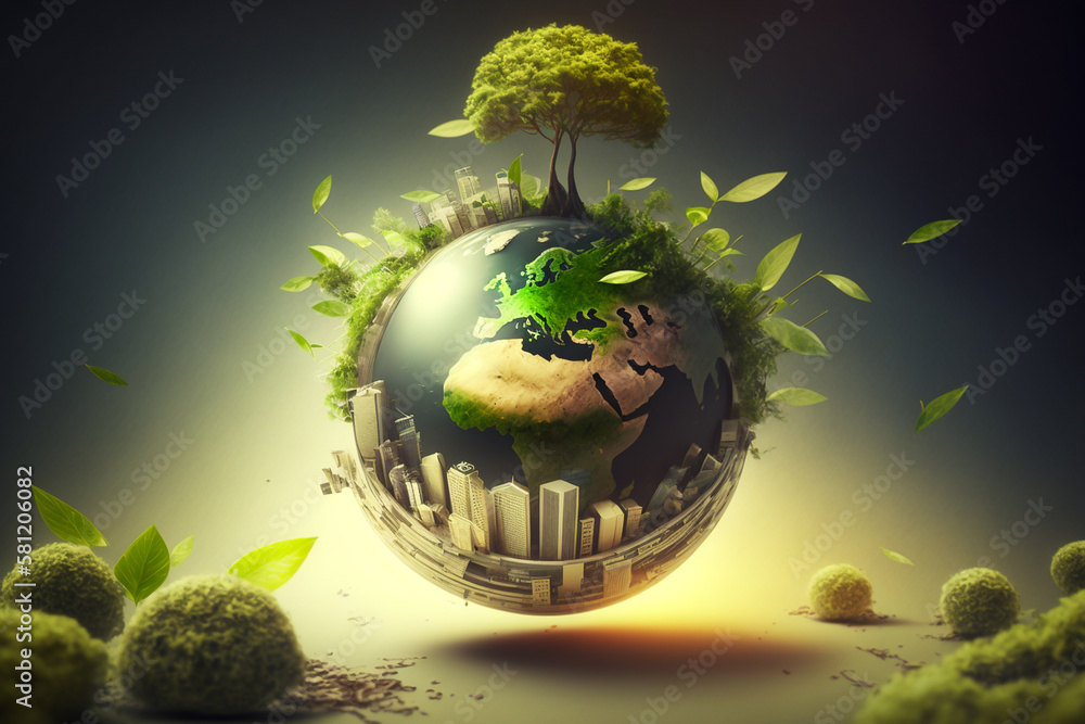 Earth filled with green forest, plants, trees and leaves. Concept of ecology and sustainable ...