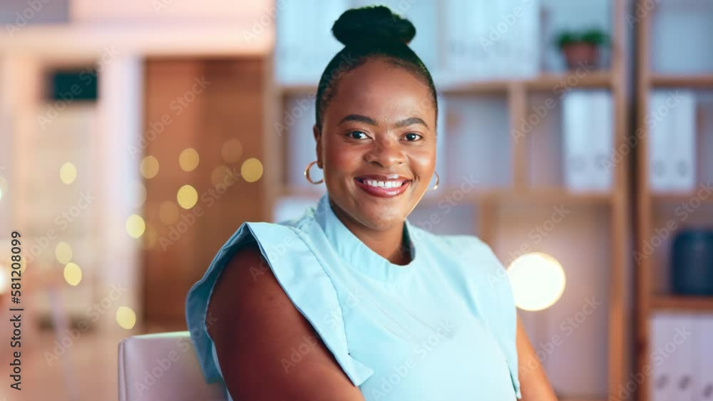 Face, smile and a business black woman at work in the office with a ...