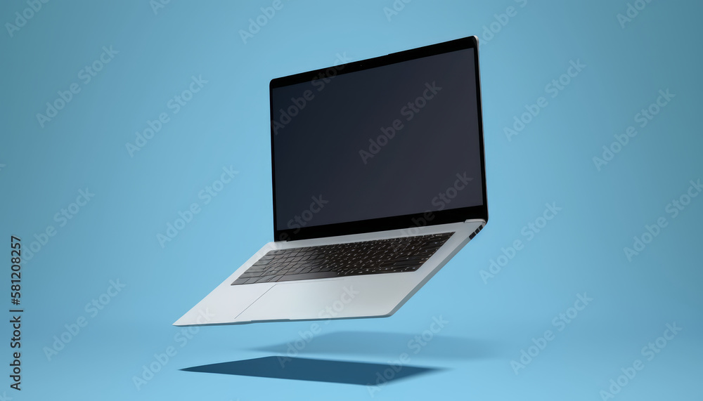 Mockup of laptop computer with aluminum shell and blue blank screen ...