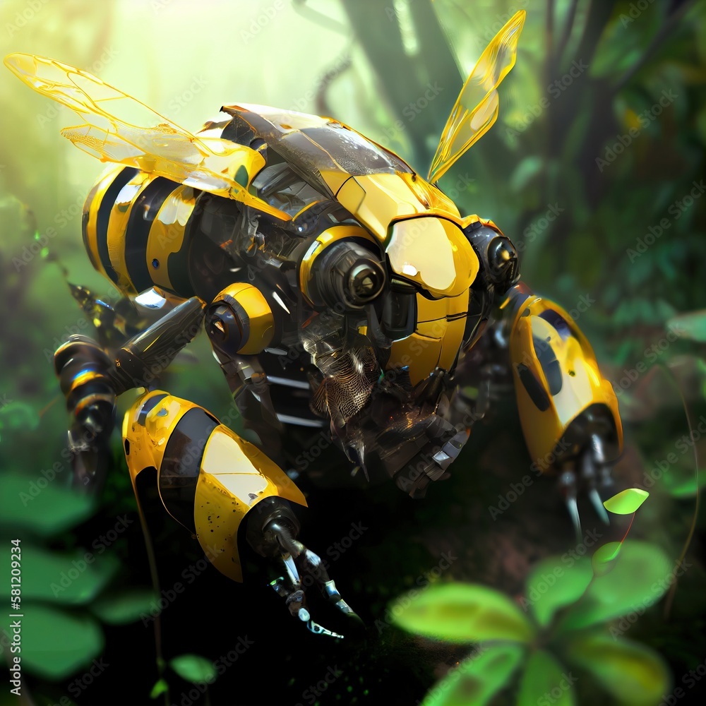 Portrt of a futuristic robot bee. An artistic abstract cyberpunk ...