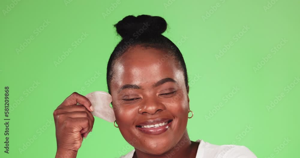 Black woman, gua sha and green screen portrait for beauty and skincare ...