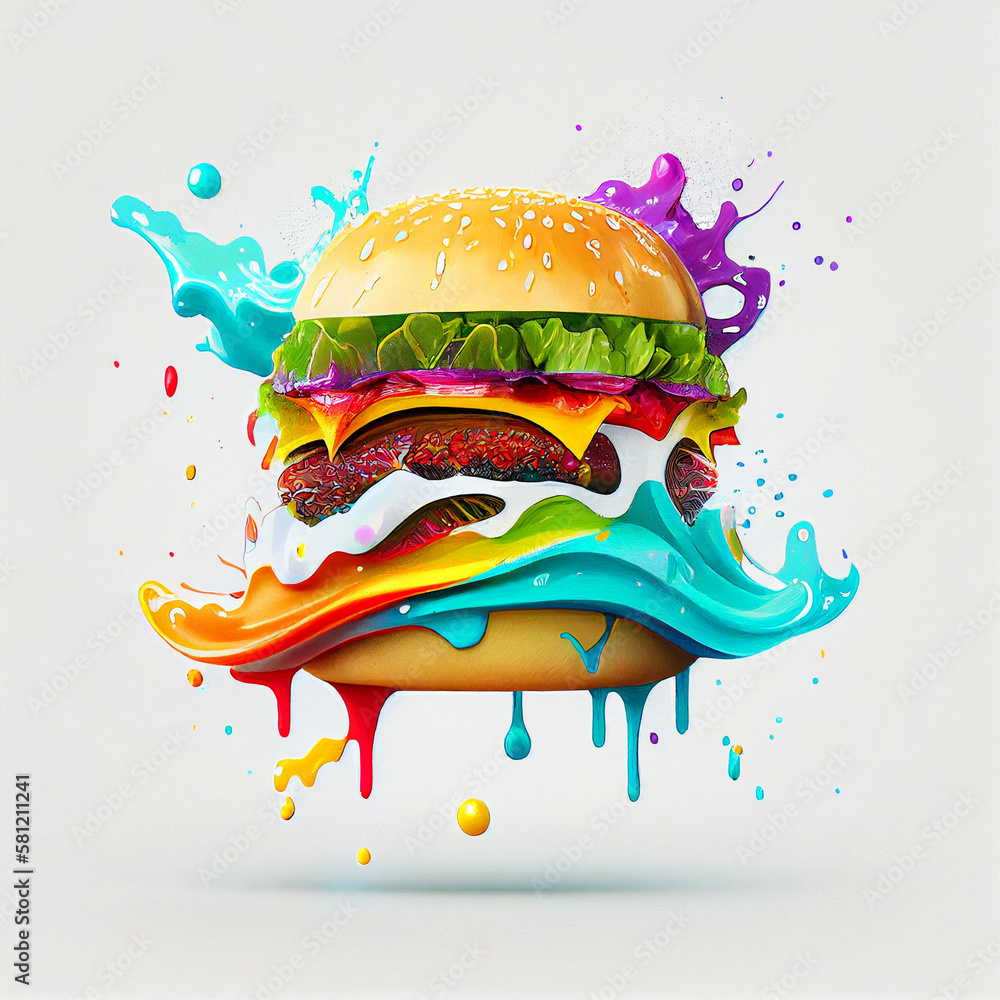 Cartoon burger color splas. AI generated illustration Stock ...