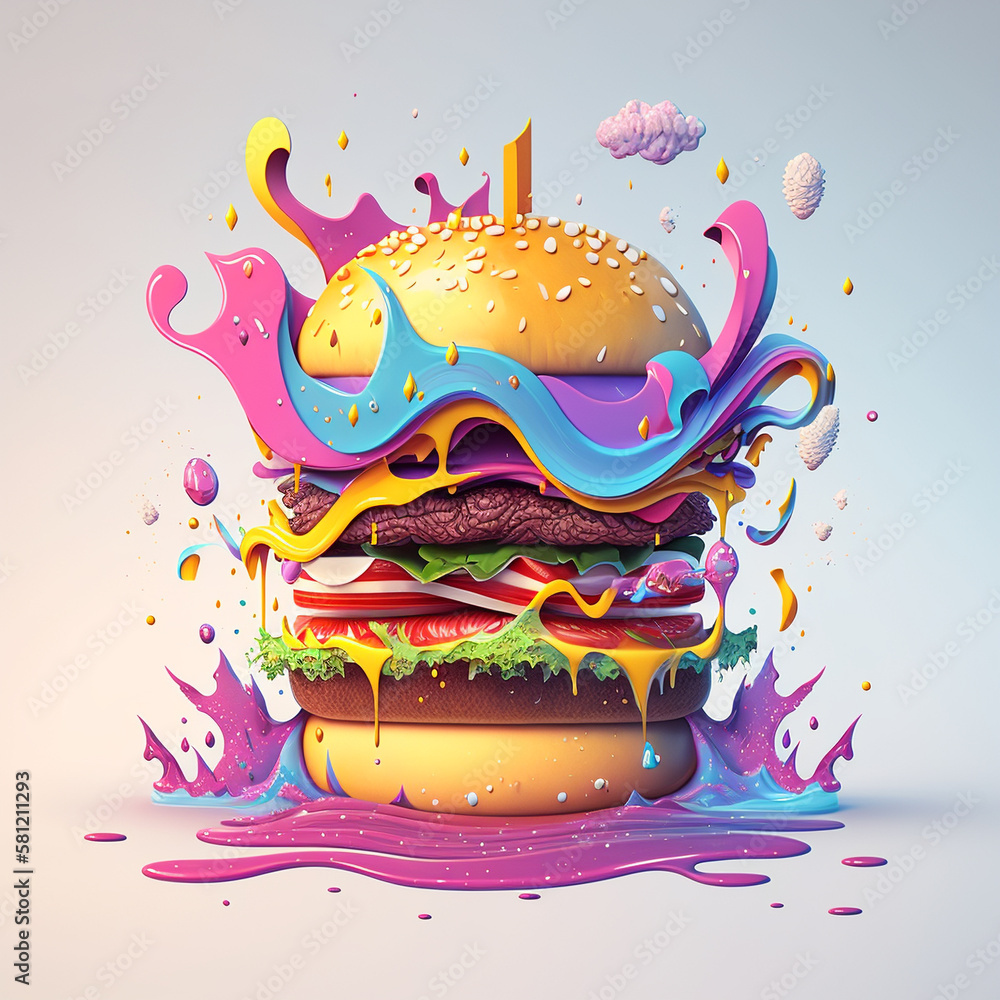 Cartoon burger color splas. AI generated illustration Stock ...
