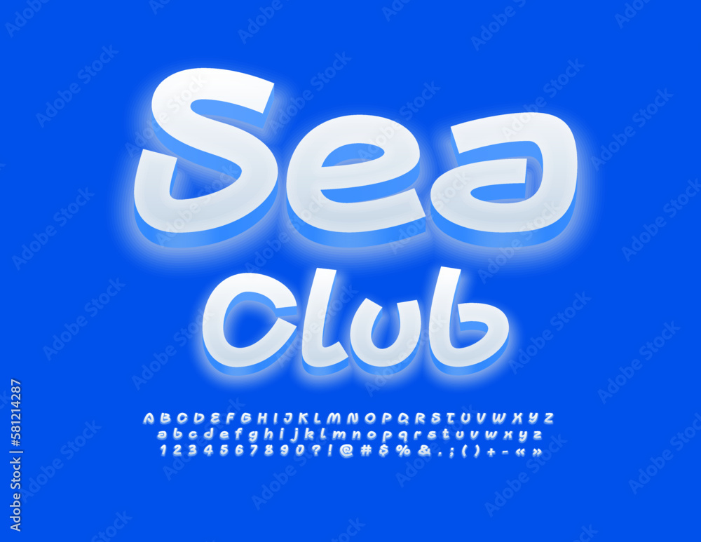 Vector creative Sign Sea Club. Bright Blue Font. Glowing Alphabet ...