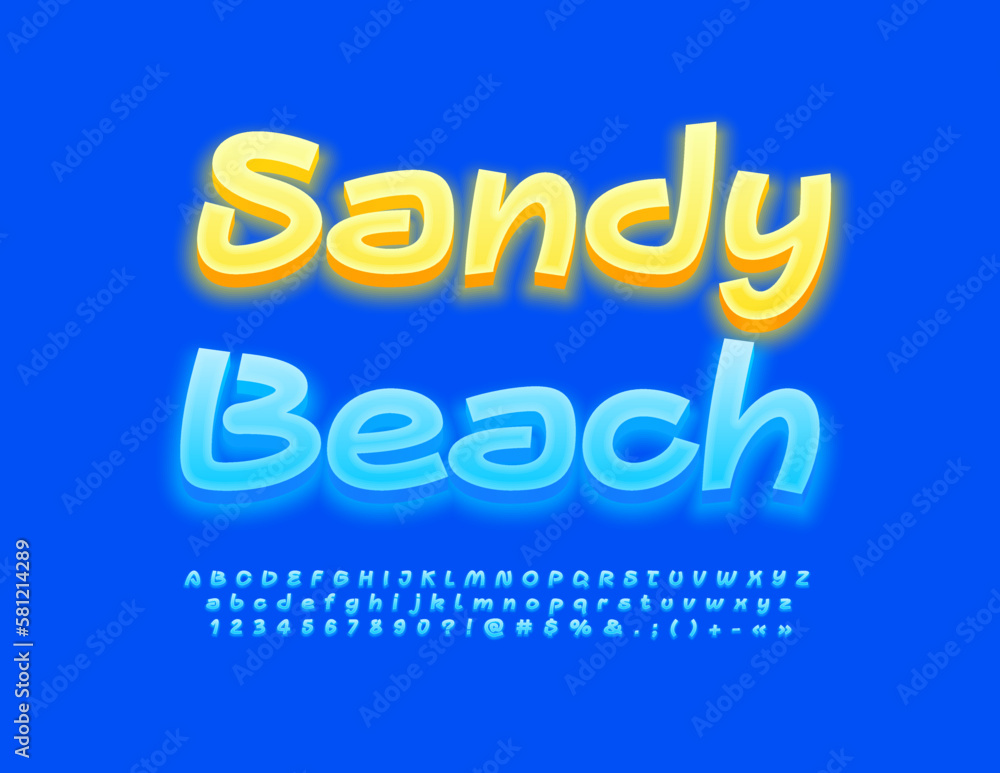 Vector travel poster Sandy Beach with Blue glowing Font. Modern ...