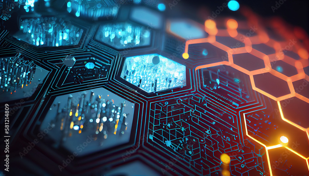 A sterile, white, microscopic, futuristic scene filled with hexagons ...