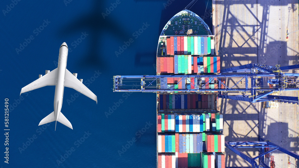 Aerial drone top down concept photo of container terminal and plane ...