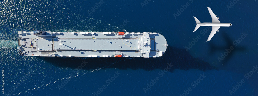 Aerial drone concept top down photo of huge car carrier ship RO-RO ...