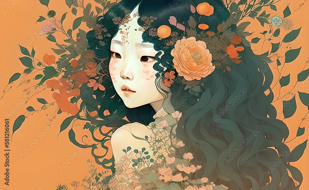 Asian girl beautiful ninfa with long hair with flowers illustration ...
