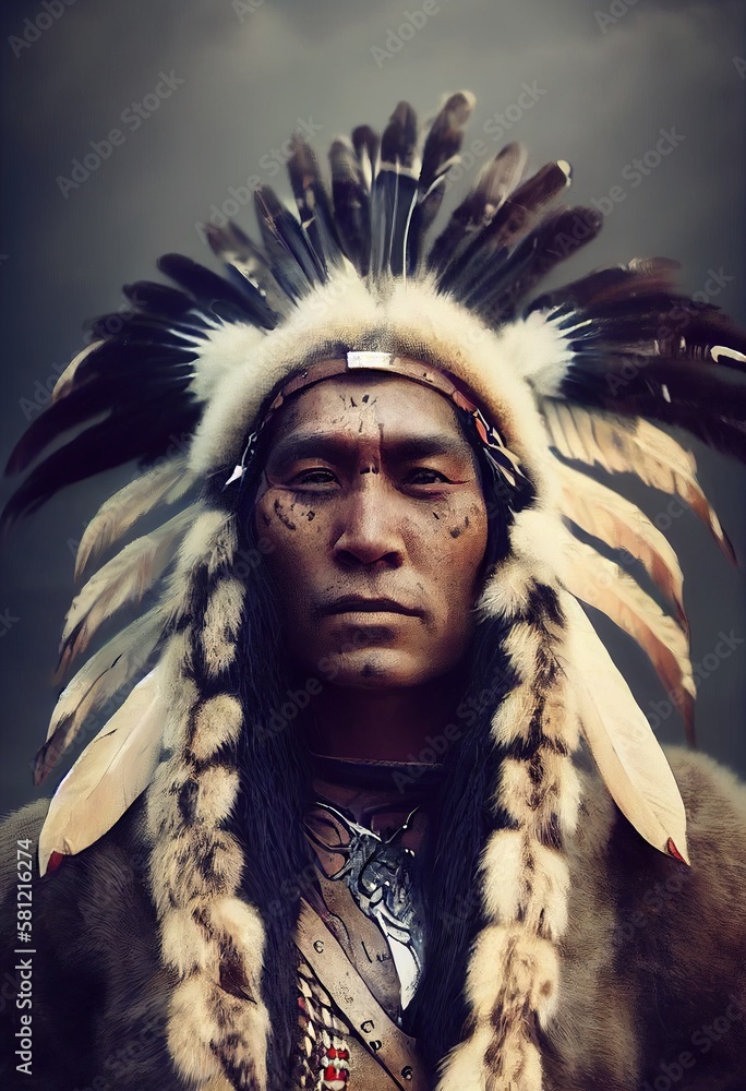 Portrt of a fictional Indian shaman from the Comanche Indian tribe. An ...