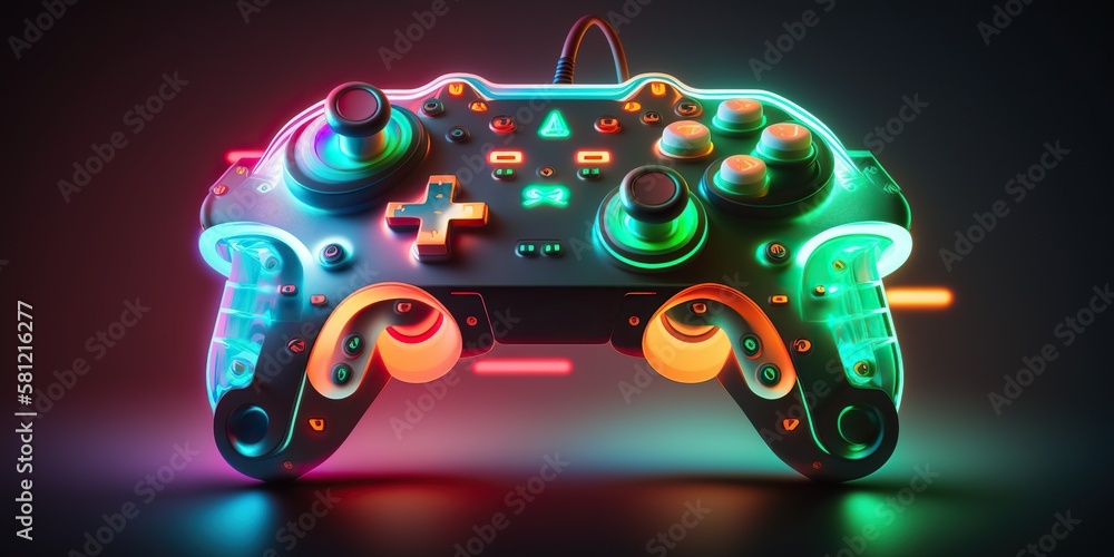Video game controller with bright neon lights and futuristic design ...