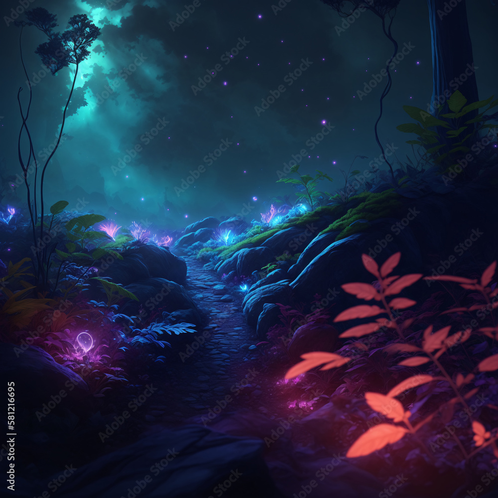 Mesmerizing bioluminescent night scene - nature, magic plants and ...