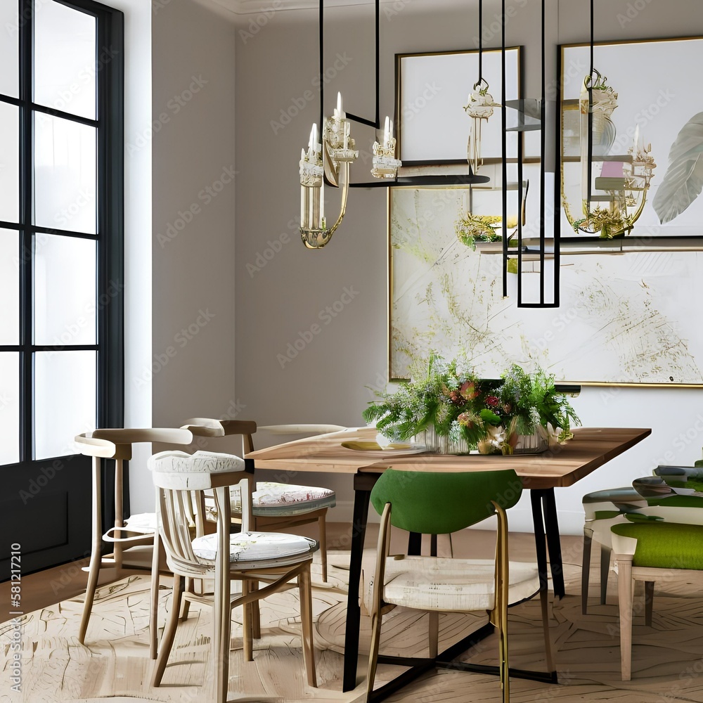 This light and airy dining room features a salvaged wood table and ...