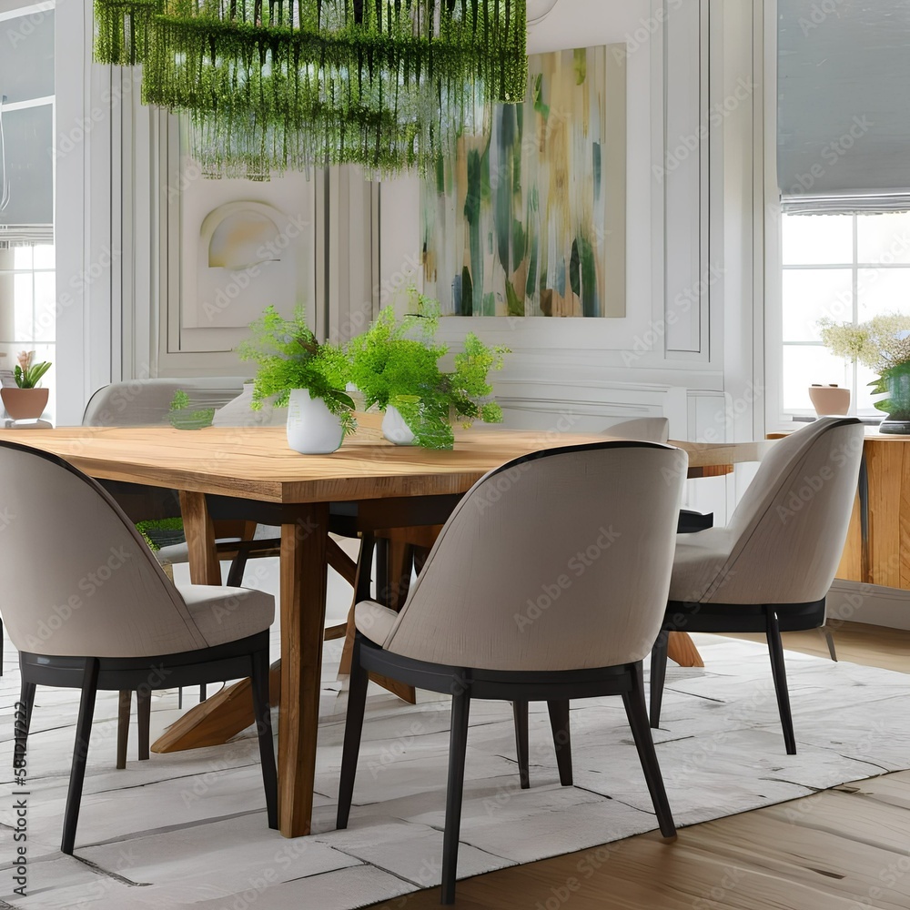 This light and airy dining room features a salvaged wood table and ...