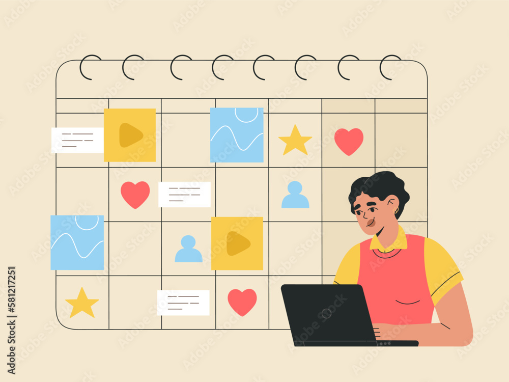Girl marketer with laptop makes a content plan on calendar. Concept of ...