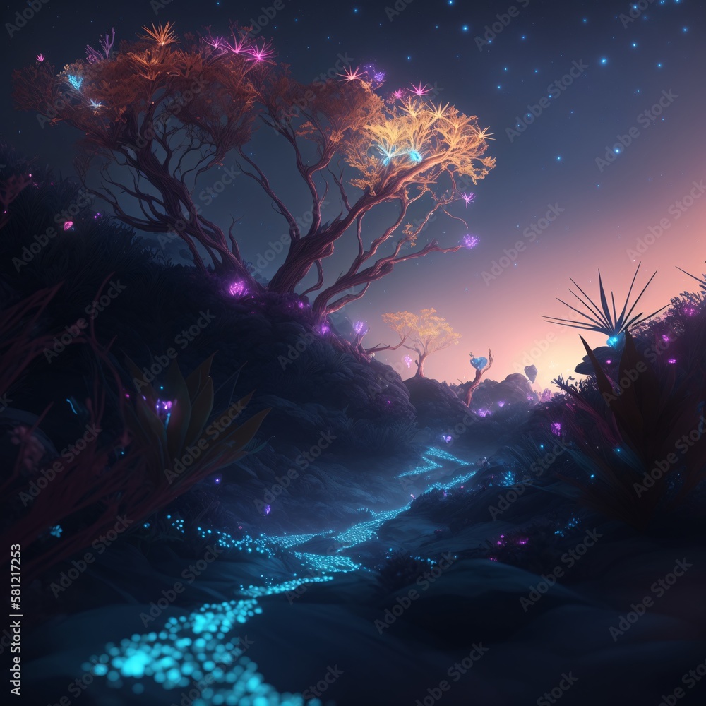 Mesmerizing bioluminescent night scene - nature, magic plants and ...