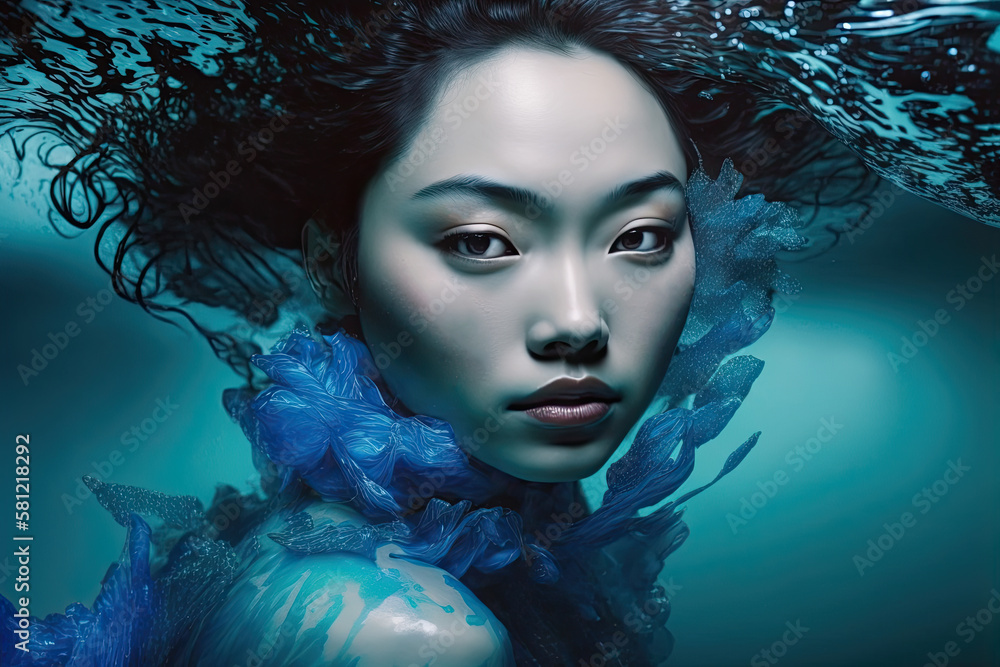 Generative Illustration AI of a portrait of an Asian woman underwater ...