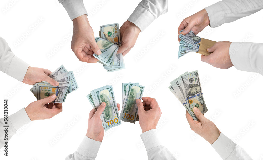 Man counting money. Collage, set of hands with banknotes on transparent ...