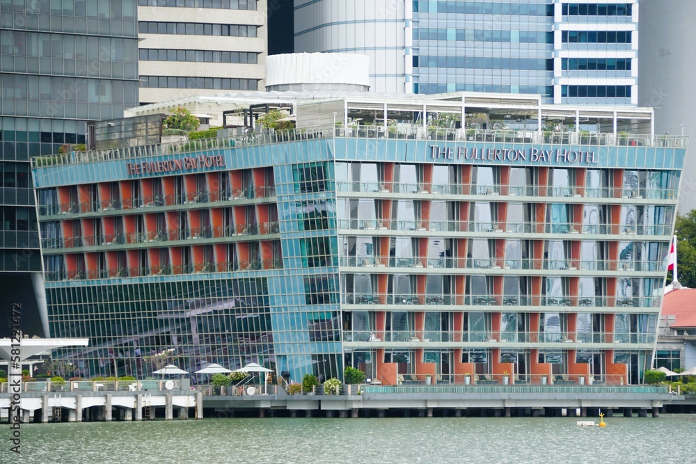 Marina Bay, Singapore - February 19, 2023 - The view of the Fullerton ...