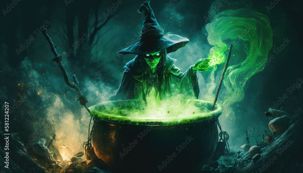 A witch cloaked in darkness stirring a glowing green potion in a ...