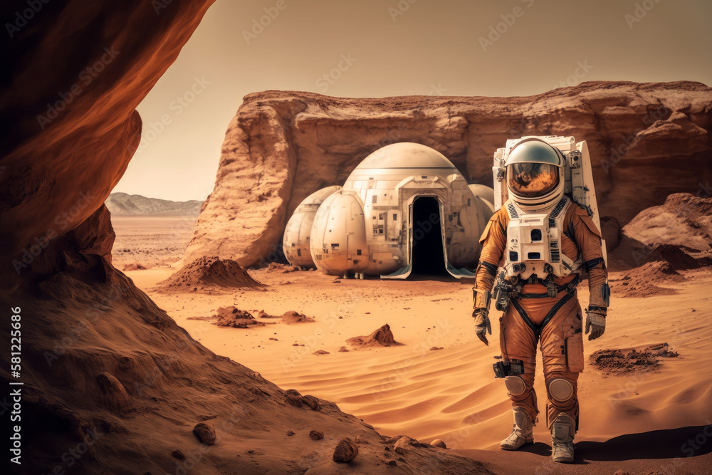 Exploring Mars Astronaut in Orange Space Suit with first colonization ...