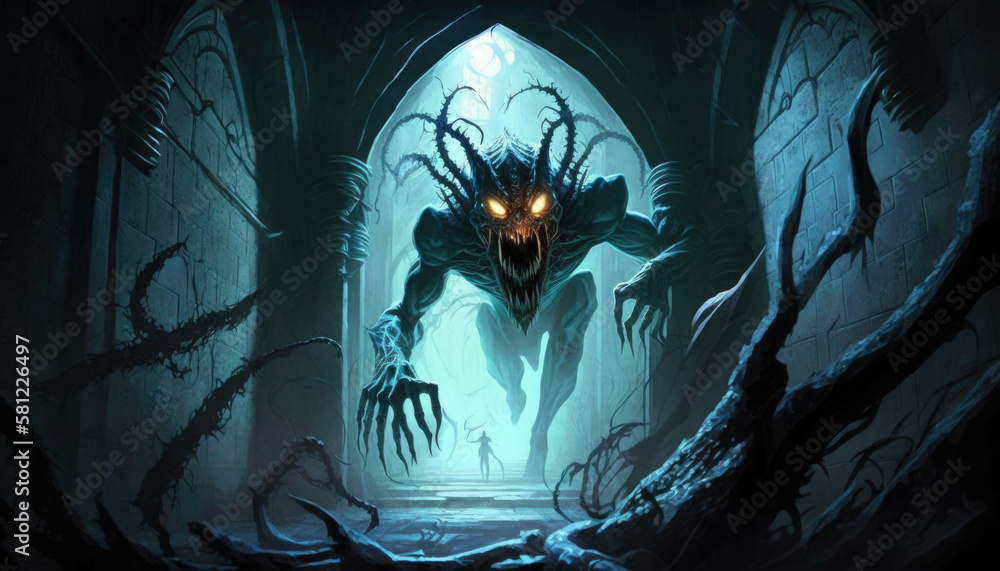 A creature of darkness lurks in a forgotten crypt its claws reaching ...