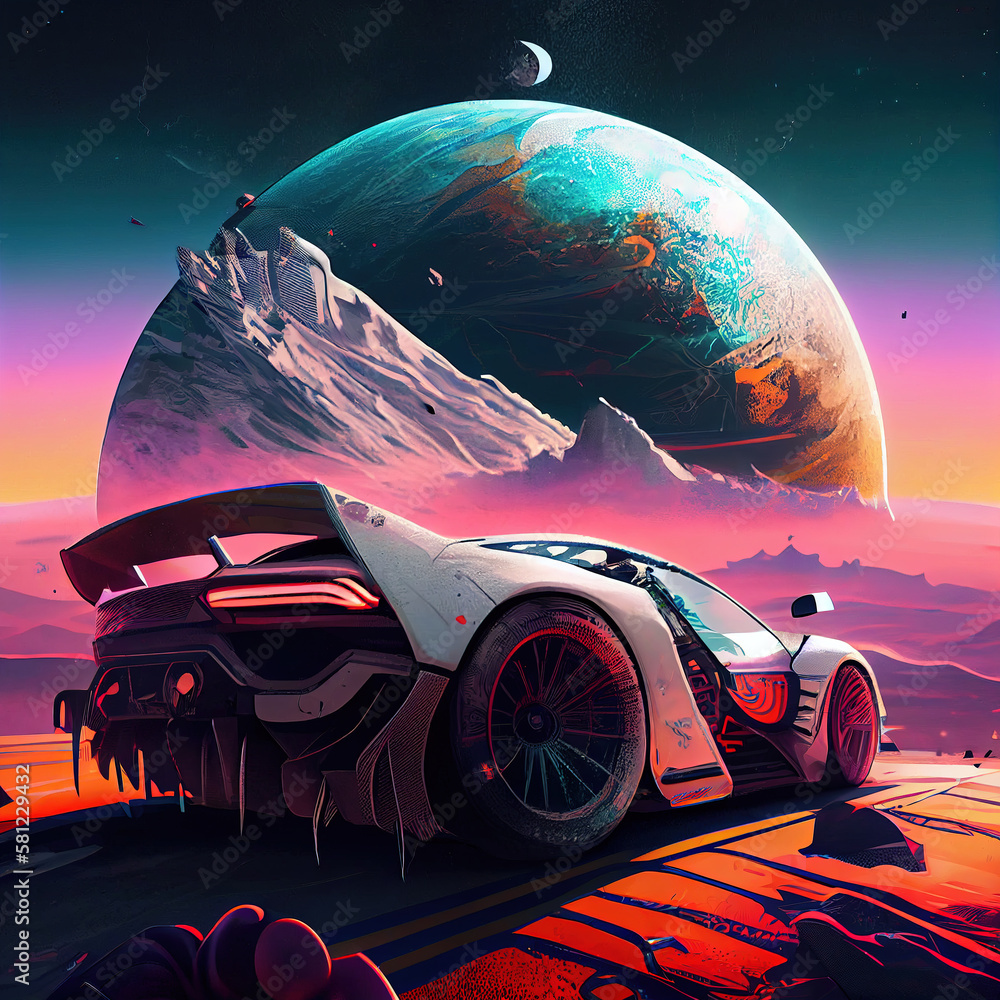 An image of a racing car racing across an unknown planet. Concept of a ...