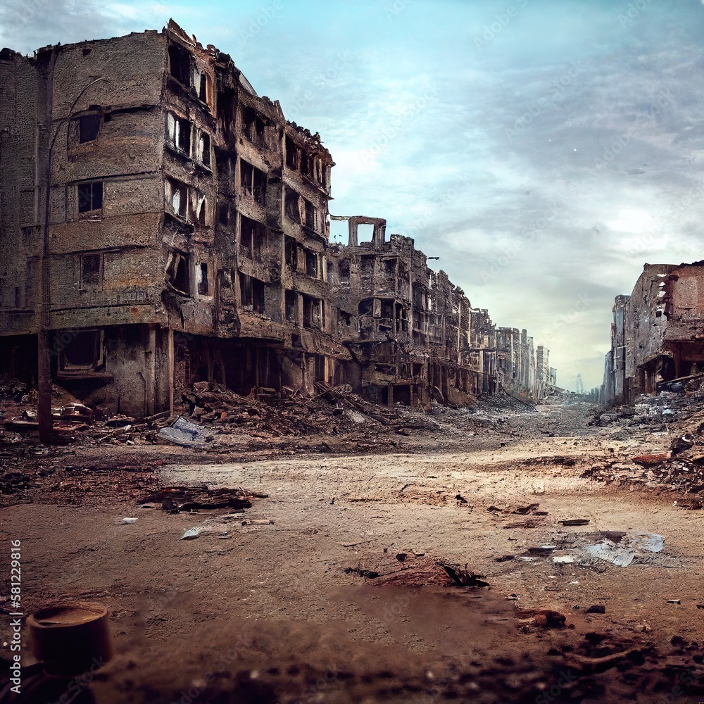 A post-apocalyptic ruined city. Destroyed buildings, destroyed roads ...