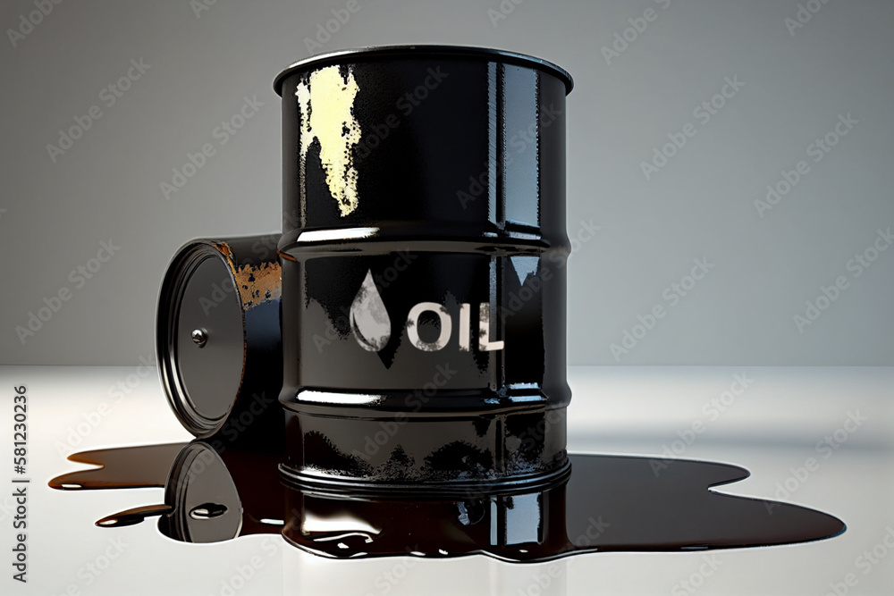 Black Crude Oil Barrel and Reflective Oil Spill with a Light Neutral ...