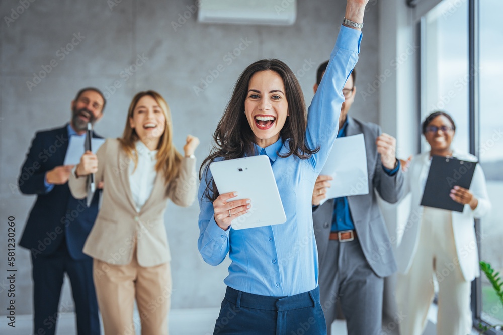 Portrait of overjoyed young diverse employees workers show thumb up ...