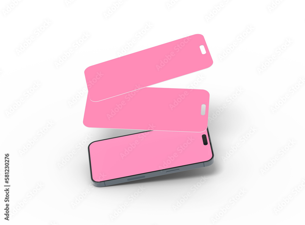 Render of smartphone and some separated screens floating on transparent ...