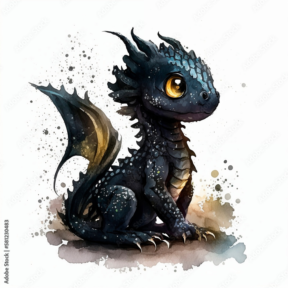 ภาพประกอบสต็อก Cute little watercolor black baby dragon ภาพ | Adobe Stock