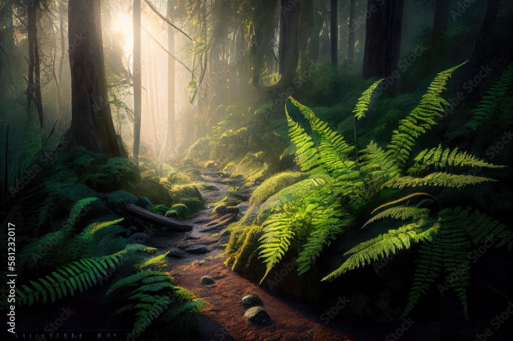 Spring Morning Forest Trail Path Scene with Lush Ferns Moss Trees Rocks ...
