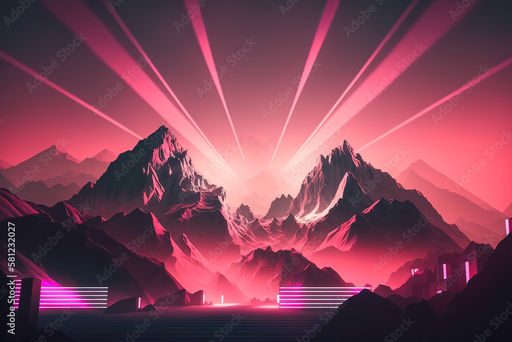 80s synthwave style landscape with mountains. Neon lights. Landscape ...