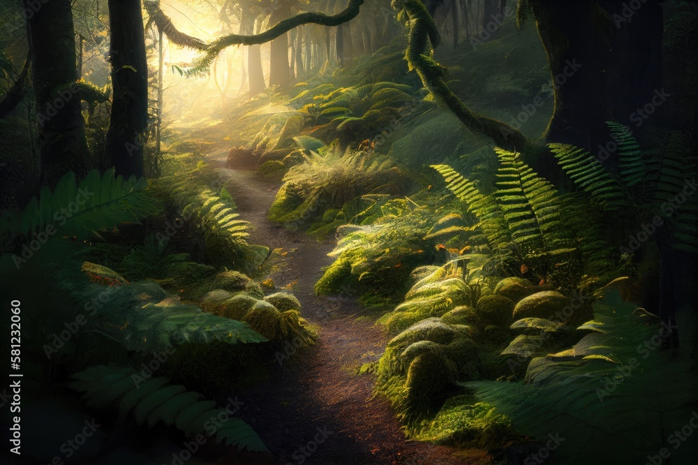 Spring Morning Forest Trail Path Scene with Lush Ferns Moss Trees Rocks ...
