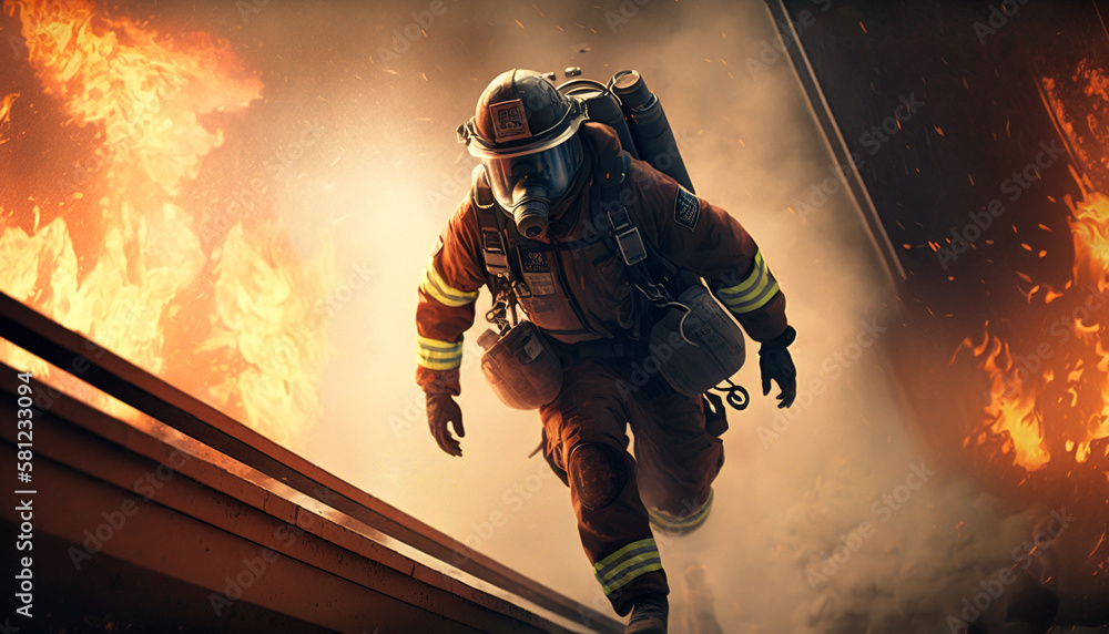 Firefighter works on fire, fireman runs inside burning building ...