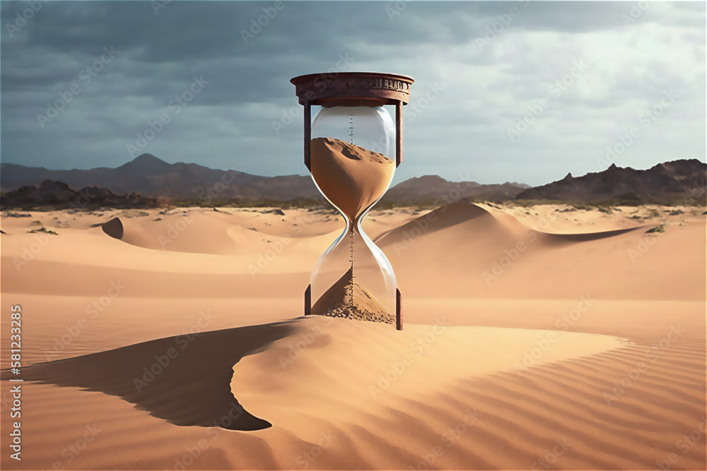 sand running through hourglass clock in desert, flowing away. time ...