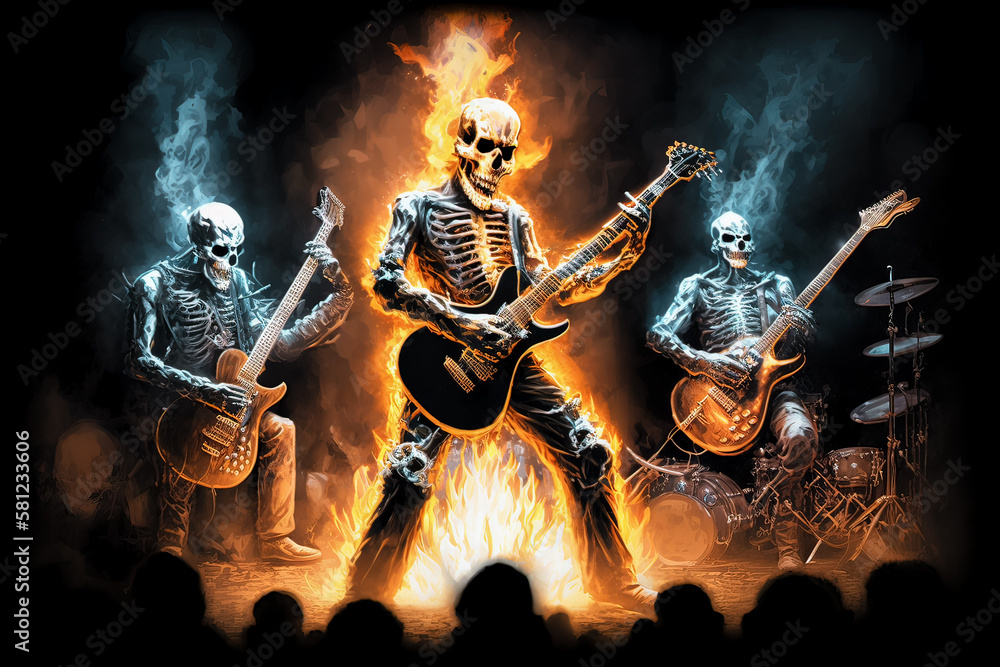 Band of skeletons plays rock guitar, heavy metal, power rock ...