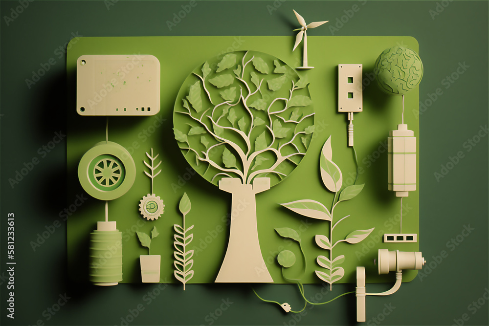 paper cut illustration of green energy. Solar panels and wind turbines ...