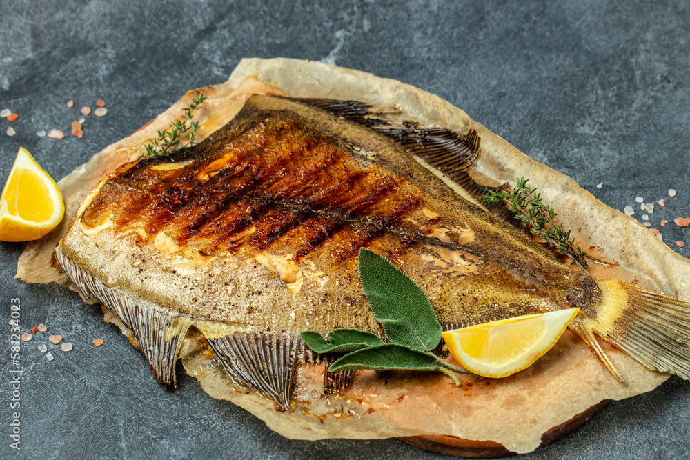 delicious grilled Flounder Fish with lemon and spices on a dark ...
