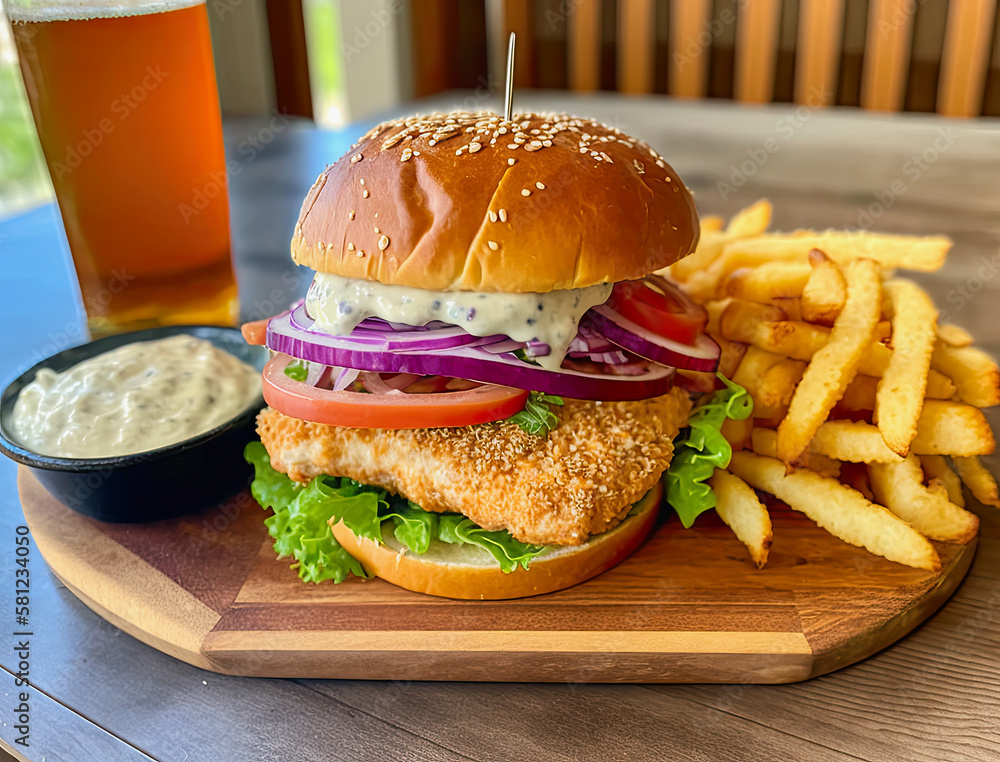 generative ai illustration of a crispy fish burger with french fries ...