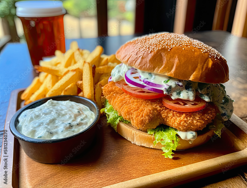 generative ai illustration of a crispy fish burger with french fries ...