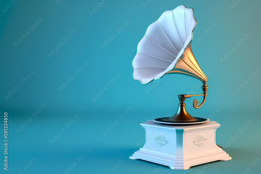 White Gramophone from early 1900s on bright pastel blue background ...