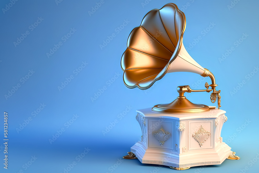 White Gramophone from early 1900s on bright pastel blue background ...