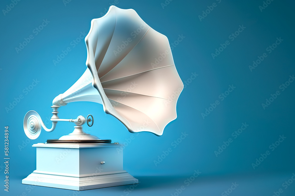 White Gramophone from early 1900s on bright pastel blue background ...
