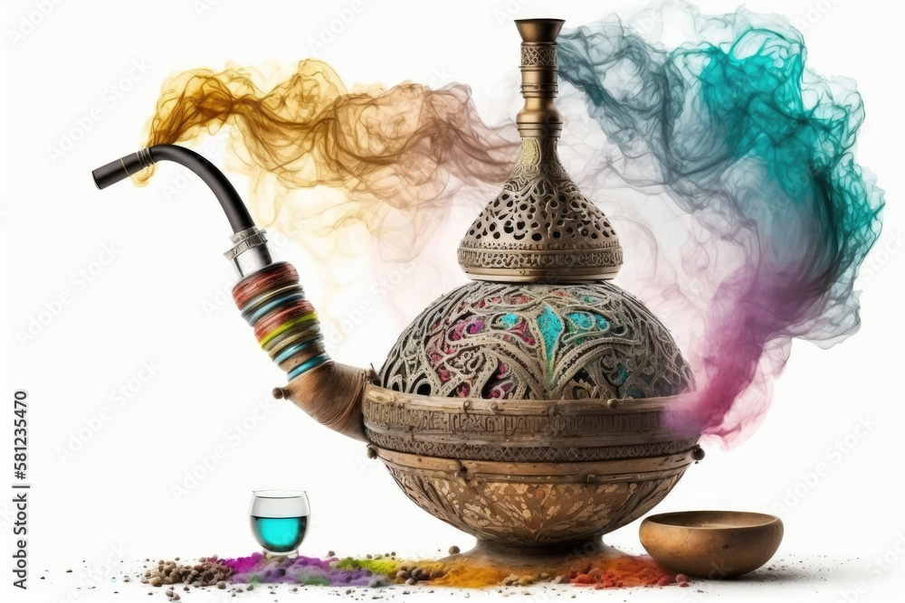 smoking from traditional indian hookah with flavors isolated on white ...