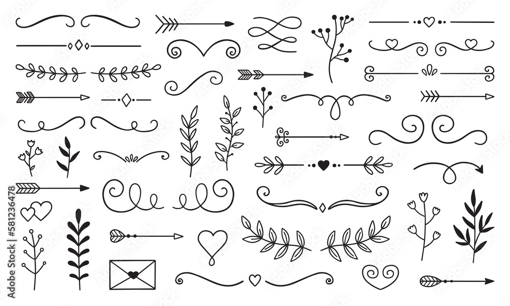 Text dividers doodle set. Boho arrows. Wedding decorative elements with ...