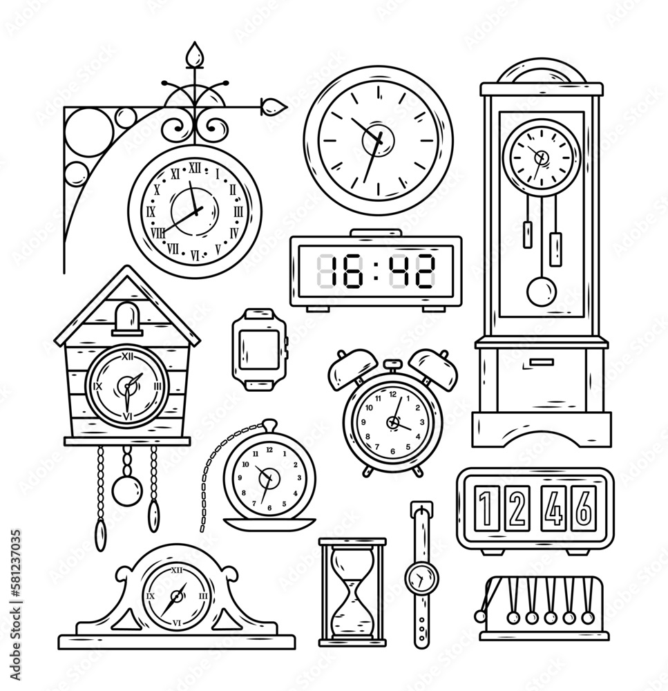 Clocks and hand watches in doodle style. Vector hand drawn icon set of ...