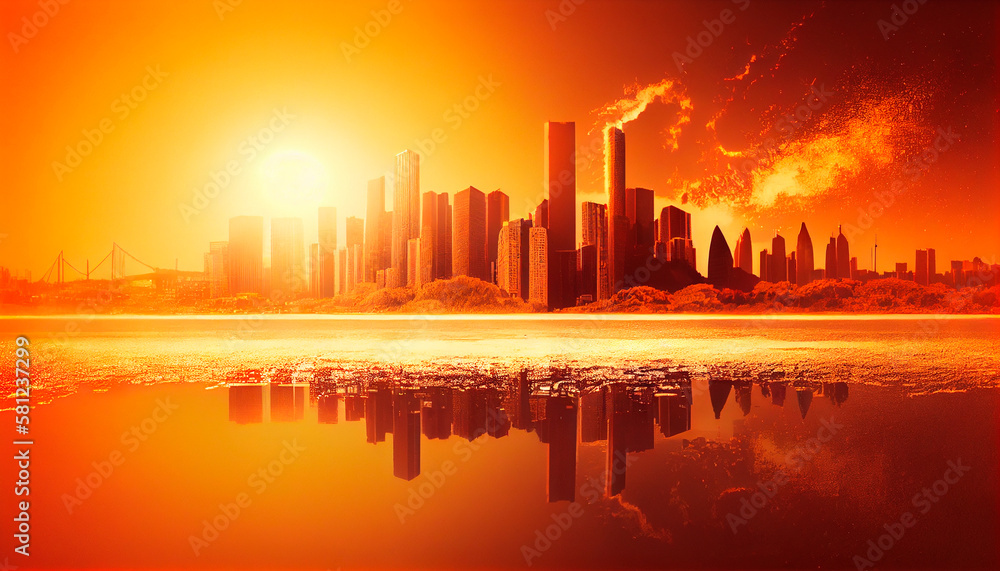 Heatwave over a city, bright sun, global warming, urban heat island ...